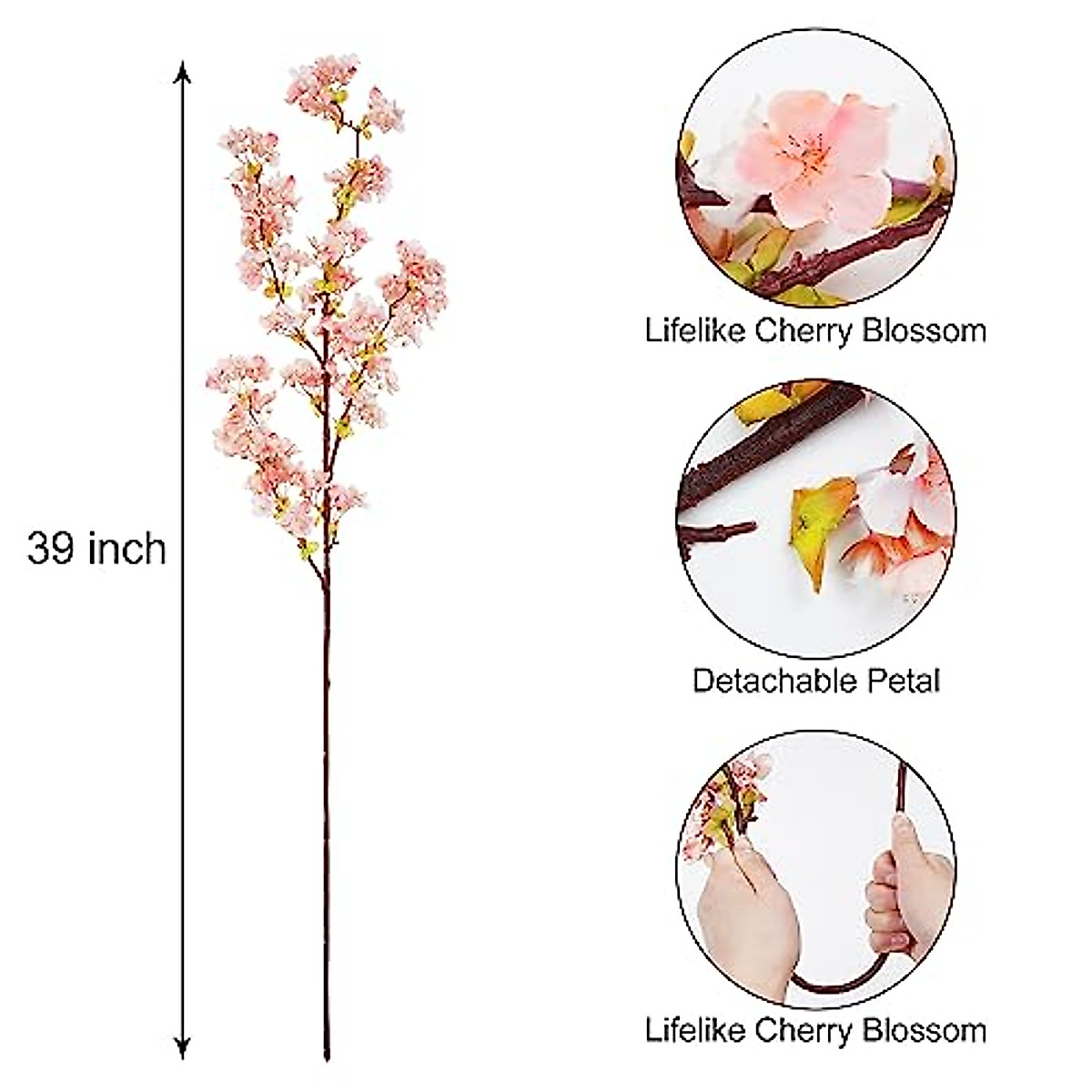 Sunm Boutique 3PCS Cherry Blossom Branches, Pink Plum Blossom Flowers Artificial Cherry Blossom Decor Tree Stems Faux Cherry Flowers Vase for Wedding Home Table Party Beach Theme Decor, 39''