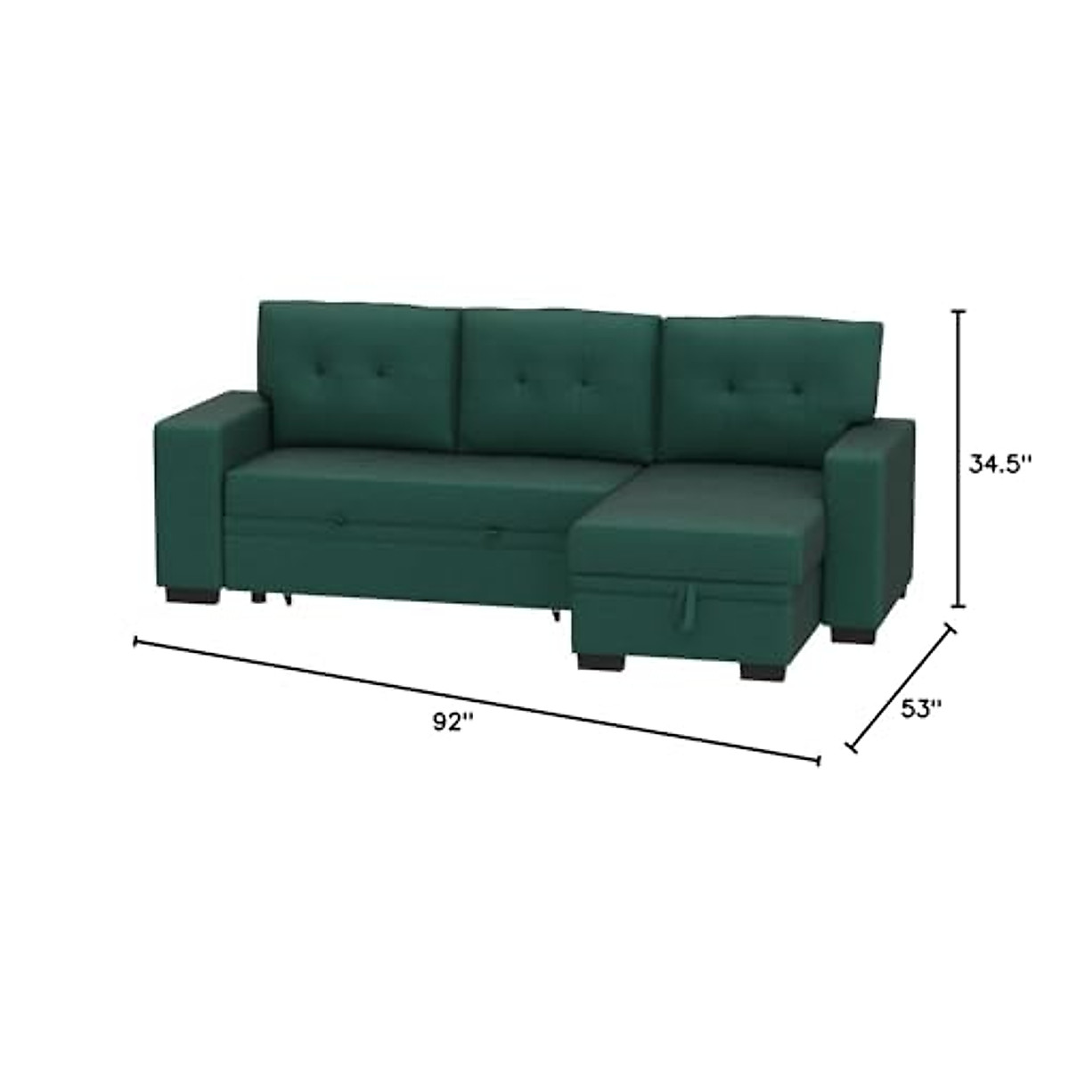 Devion Furniture 92" W Modern L-Shaped Polyester Fabric Upholstered Reversible Side Compartment Sleeper Sectional Sofa Bed with Chaise in Green Finish