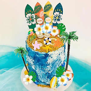 Summer Beach Happy Birthday Cake Topper Surfboard Palm Model Tree Beach Umbrella Chair for Swimming Beach Party Luau Birthday Baby Shower Party Supplies (Surfboard)