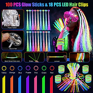 OLUPP 148 PCS Glow in the Dark Party Supplies, 16 PCS Glow Fiber Optic Wands, 14 PCS LED Glasses, 100 PCS Glow Sticks and 18 PCS LED Hair Clips Fiber Optic for Glow Party, Wedding, Concert, Birthday