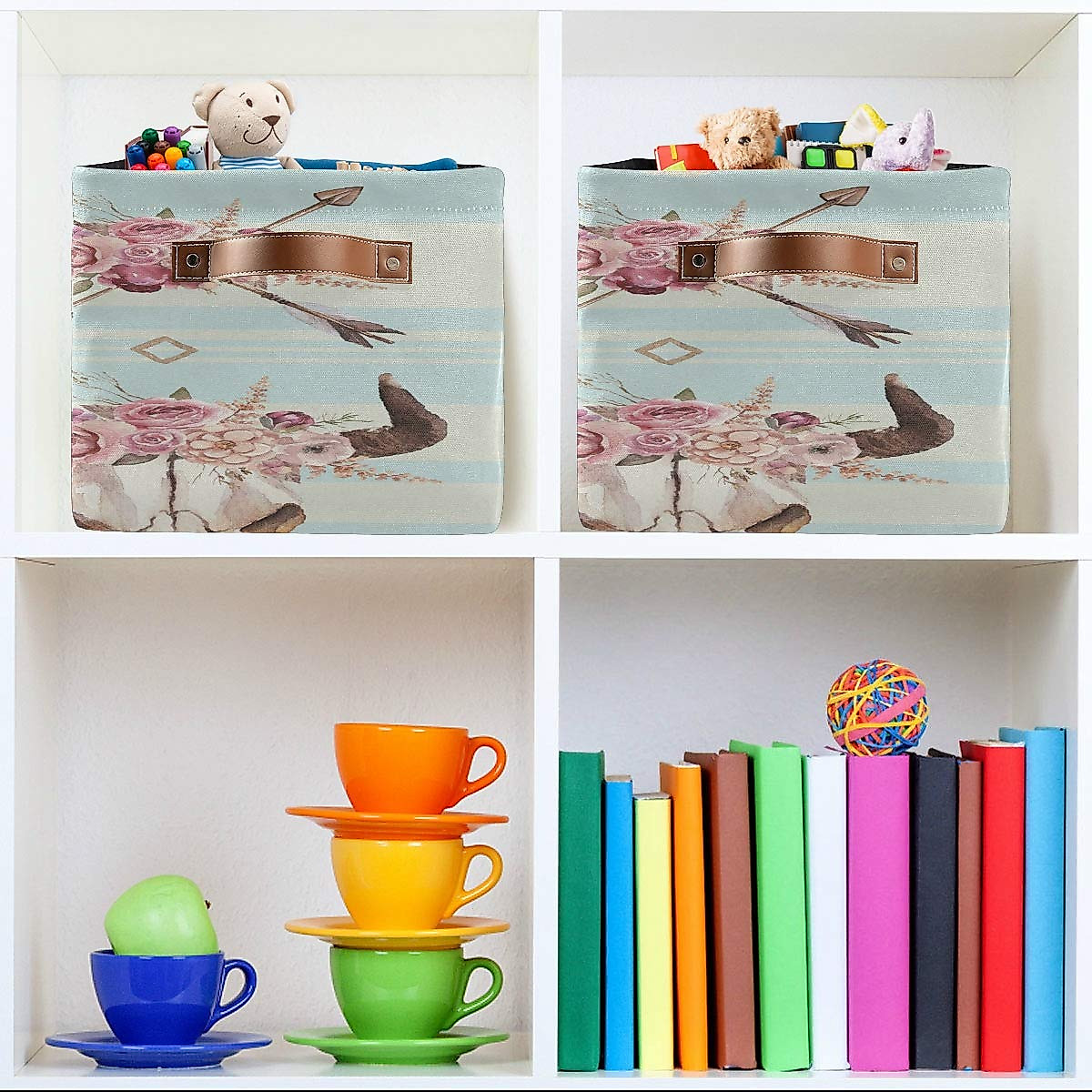 Collapsible Storage Bin Cube Floral Flower Animal Cow Skull Laundry Basket Hamper Toy Cloth Organization Bag with Handle for Pantry Nursery Home Office Shelve,2 PCS