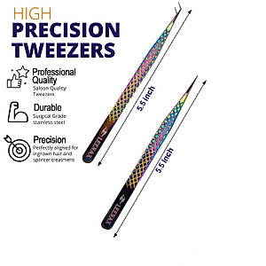 Eyelash Extension Tweezers Fiber Tip (Anti – Slip) Set of 2 pieces straight & curved with Diamond Grip, Rainbow Colour,14cm, volume Tweezers, Lash Extension Precision tweezers. (Multi)
