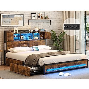 Dnxao Queen Bed Frame with Storage Drawers and Bookcase Headboard, LED Bed Frame Queen Size with Type-C & USB Ports, Metal Platform Bed with Storage, No Box Spring Needed, Vintage Brown