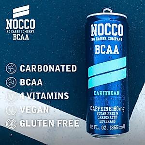 NOCCO BCAA Energy Drink Caribbean Pineapple - 12 Fl Oz (Pack of 12) - 180mg Caffeine, Sugar Free Energy Drinks - Carbonated, Low Calorie, BCAAs, Vitamin B6, B12, & Biotin - Grab & Go Performance Drink