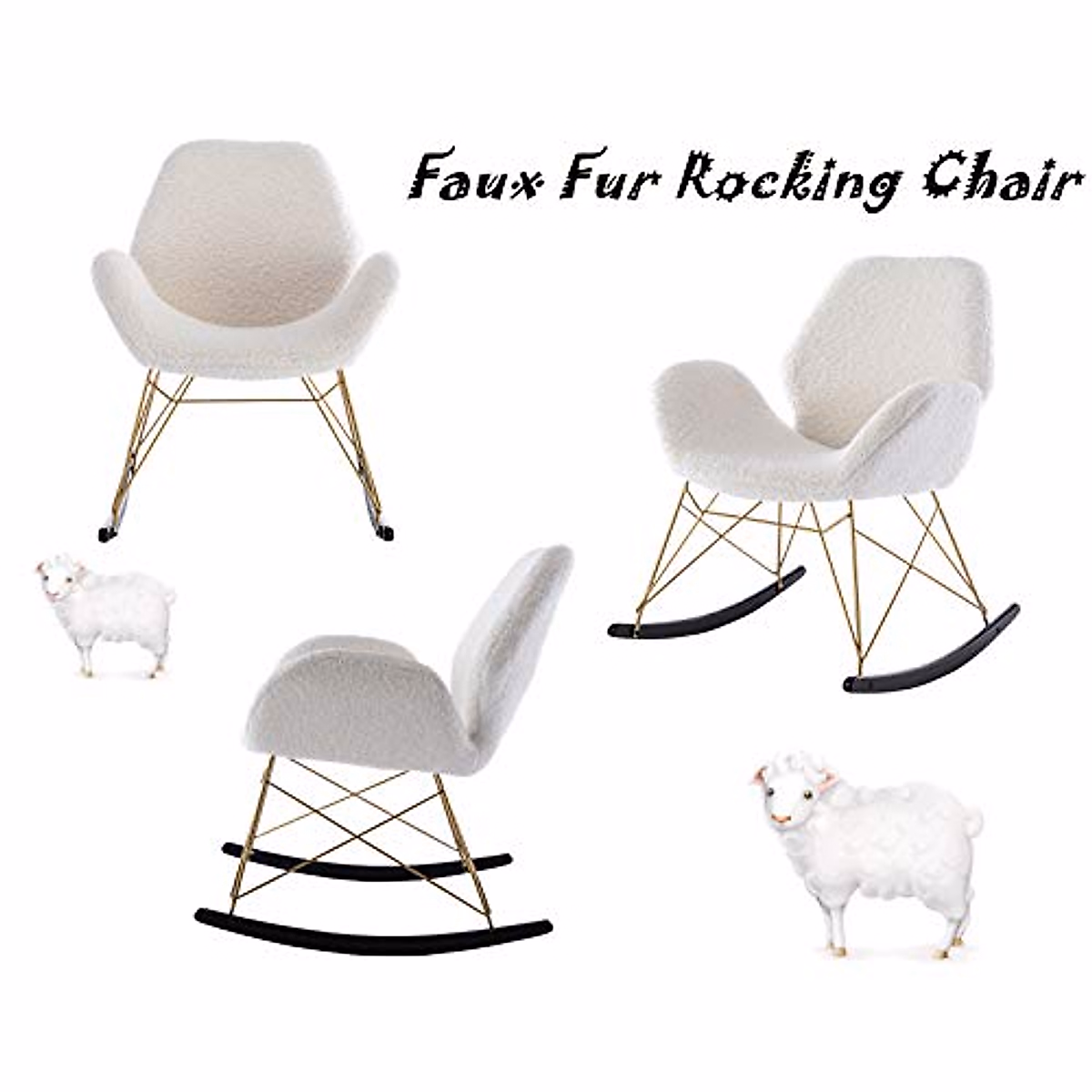 White Rocking Chair Faux Fur Soft Fabric Rocker Chair for Nursery Recliner Lounge Chair Modern Indoor Armchair for Living Room Bedroom