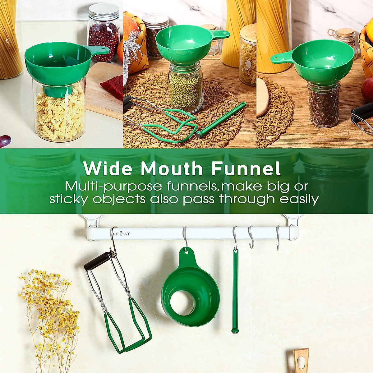 3 Pieces Canning Essentials Kit Jar Lifter Wide Mouth Canning Funnel Magnetic Lid Wand for Canning Jars Anti-Scald Kitchen Tools Home-Made Jam Set (Green)