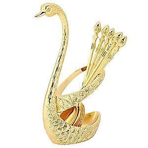 Coffee Spoon Set, Swan Base Holder Spoon Organizer Stainless Steel Dessert Teaspoons Creative Tableware Organizer Decoration Dinnerware for Household Stirring Mixing Cappuccino Sugar Cake Soup(Gold)
