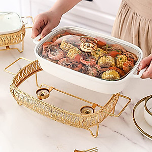 HONHPD 3 Pieces Set Gold Ceramics Chafing Dish Buffet Set, Full Size Chafers and Buffet Warmers W/Glass Lid, Underglaze Rectangle Food Warming Tray for Weddings Party（11inch, 13inch, 15inch）