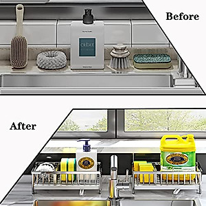 Trusthere Sink Caddy Sponge Holder for Kitchen Sink - Sink Counter Organizer-Stainless Steel Tray for Sponge, Dish Rags Brush, Soap Scrubber, and Utensils with Auto Drain Tray