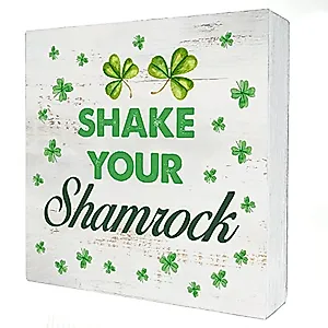 Shake Your Shamrock Wood Box Sign Home Decor Rustic St. Patrick's Day Quote Wooden Box Sign Block Plaque for Wall Tabletop Desk Home Office Decoration 5" x 5"