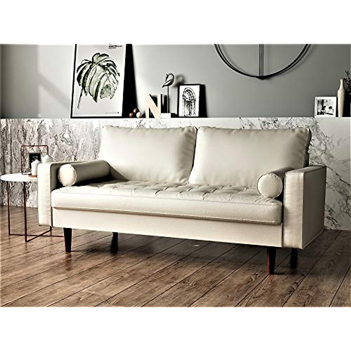 US Pride Furniture NS5454-S Caladeron Mid-Century Modern Sofa in Faux Leather, PVC White