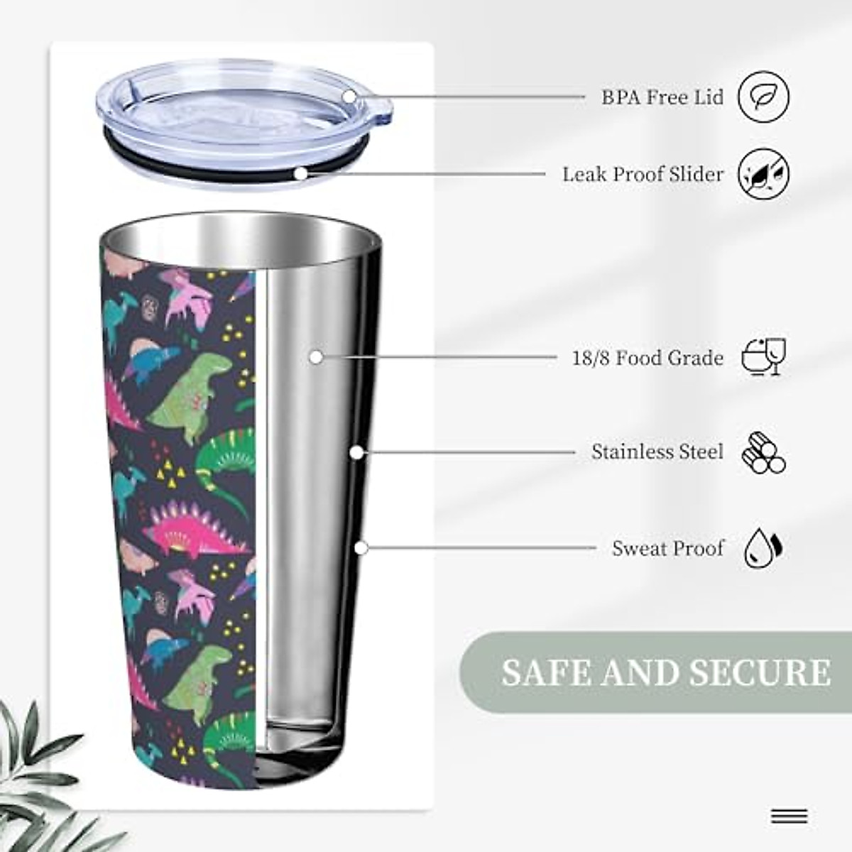 20oz Tumbler Hand Drawn Cute Dinosaur Double Wall Vacuum Insulated Coffee Mug with Lid and Metal Straw Brush Reusable Stainless Steel Water Bottle Travel Cup Gifts for Car Ice Drinks Hot Beverage
