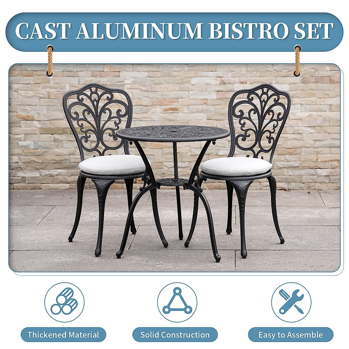 Withniture 3 Piece Bistro Patio Set Cast Aluminum Bistro Table and Chairs Set of 2 with Cushion,Outdoor Bistro Table Set with Umbrella Hole,All Weather Patio Furniture Set for Garden,Black