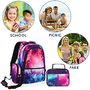E-Clover Backpack for Girls Kids Galaxy Backpacks Purple Space Bookbags School Bag with Galaxy Lunch Box Set Valentines Day Gifts