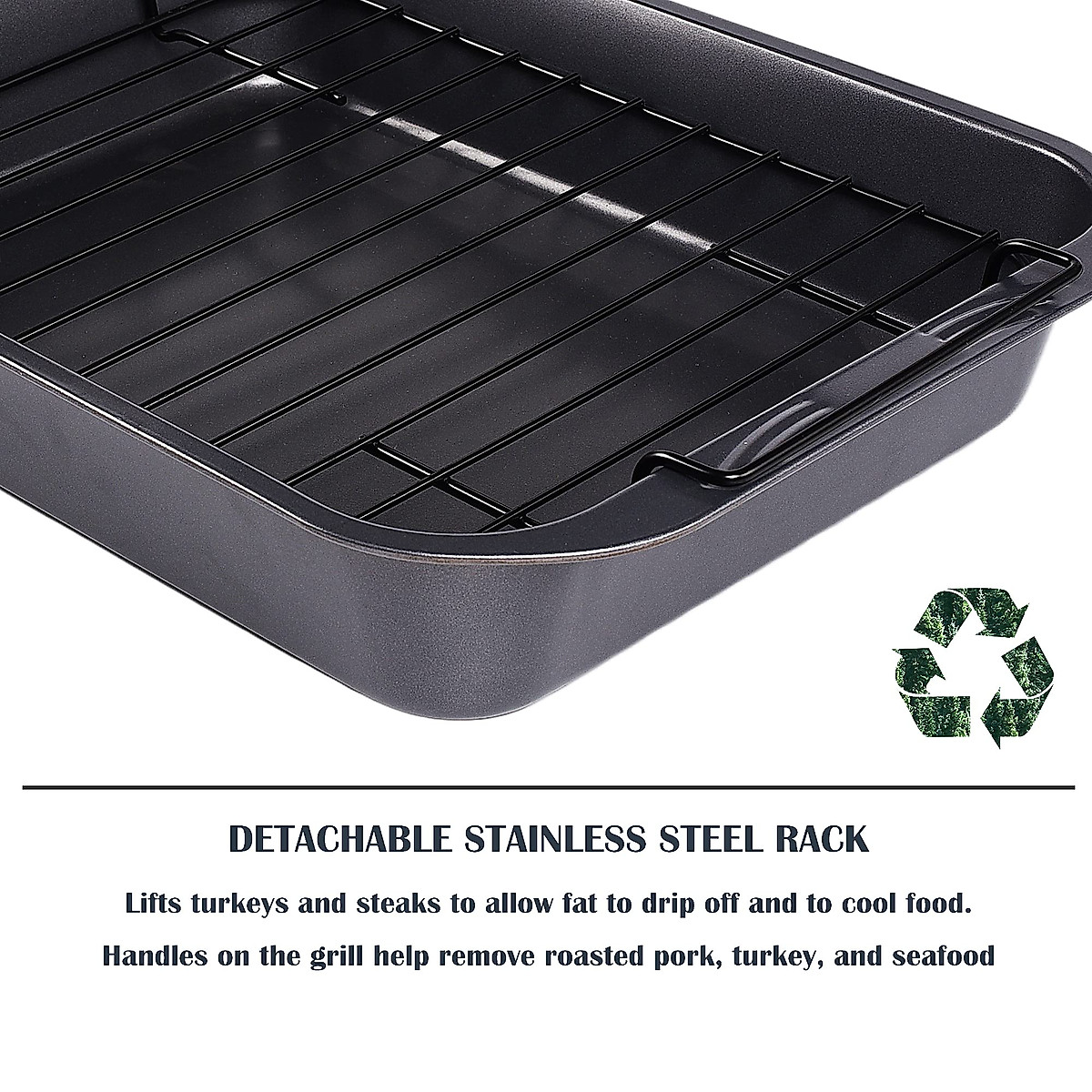 kitCom Bakeware Nonstick Roaster, Nonstick Roasting Pan with Rack, Great For Roast Chicken, Roasts And Turkeys - 15 Inch x 11 Inch (5.8 QT), Gray