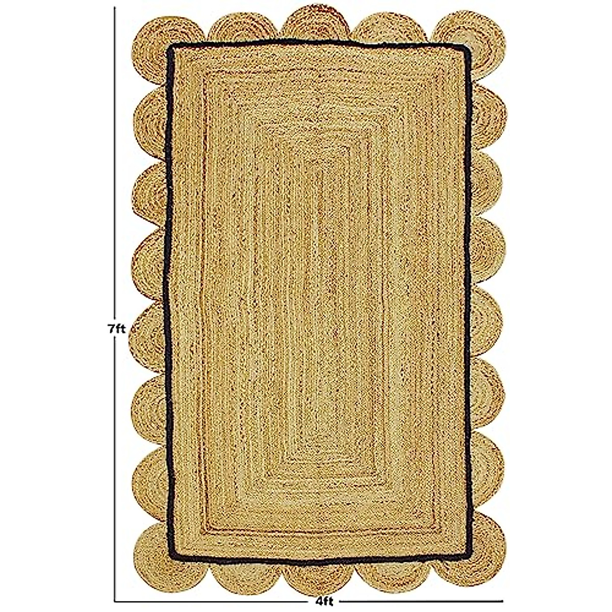 Casavani Scalloped Collection Rectangular Area Trend Rug - 4' x 6', Beige and Yellow, Braided Jute Rug With Scallop Design Ideal for High Traffic Areas in Entryway, Living Room, Bedroom