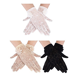3 Pairs Women Lace Gloves Dress Gloves Floral Lace Gloves for Tea Party Wedding Dinner(Black, White, Skin Color)