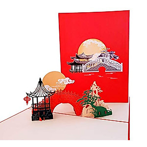 iGifts And Cards Inspirational Asian Pavilion Scenery 3D Pop Up Greeting Card Full Moon, Romantic Bridge, Lanterns, Pine Tree, Half-Fold, All Occasion, Birthday, Mid-Autumn Festival, Chinese New Year