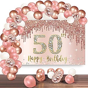 Happy 50th Birthday Banner Backdrop Decorations with Confetti Balloon Garland Arch, Rose Gold 50 Birthday Banner Balloon Set for Women, Pink 50 Year Old Bday Poster Photo Booth Decor