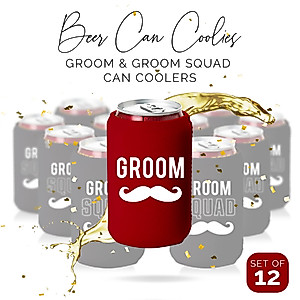 Your Dream Party Shop Groom and Grooms Squad Bachelor Party Can Coolers, Set of 12 Beer Can Coolies, Perfect Bachelor Party Decorations and as Grooms Men Gifts (Red)