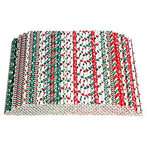 250 Pieces Christmas Paper Straws, 10 Patterns Disposable Mixed Stripe Holiday Paper Straws for Christmas Party Favors