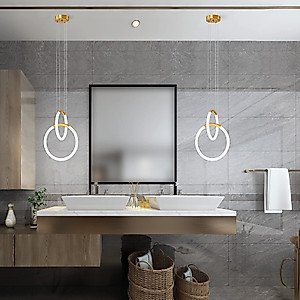 PENACINY Modern LED Pendant Light Fixtures, 22W Adjustable 2 Ring Gold Pendant Lighting,Circular Hanging Chandelier for Kitchen Island Dining Room Bedroom Entryway Hallway,D11.8+D 9.8" 4000K