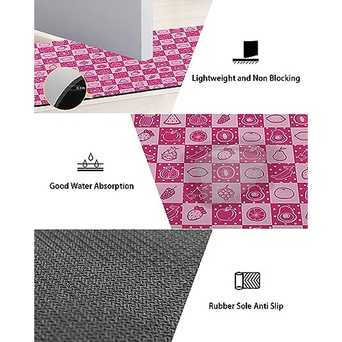 Pink Fruit Checkered Bath Mat for Tub,Non Slip Bathroom Floor Runner Rug Quick Dry & Absorbent Diatomaceous Earth Kitchen Shower Sink Washable Doormat,Funny Cute Fantasy Food Plaid Lattice 18"x30"