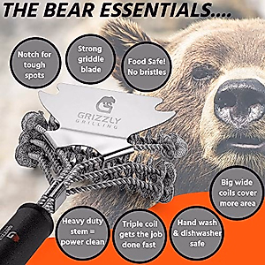 Grizzly Grilling Grill Brush and Scraper - Bristle Free Stainless Steel BBQ Cleaning Tool - No Wire Scrubber Best for Gas/Charcoal/Porcelain Grill Grates - Safe Barbeque Accessories