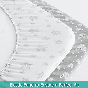 Waterproof Bassinet Sheets Fit for Halo, Dream on Me, Ingenuity, Fisher Price, Delta, Graco and Other Oval Bassinet Mattress, 2 Pack, 100% Cotton, Ultra Soft, White Grey Star Print for Baby