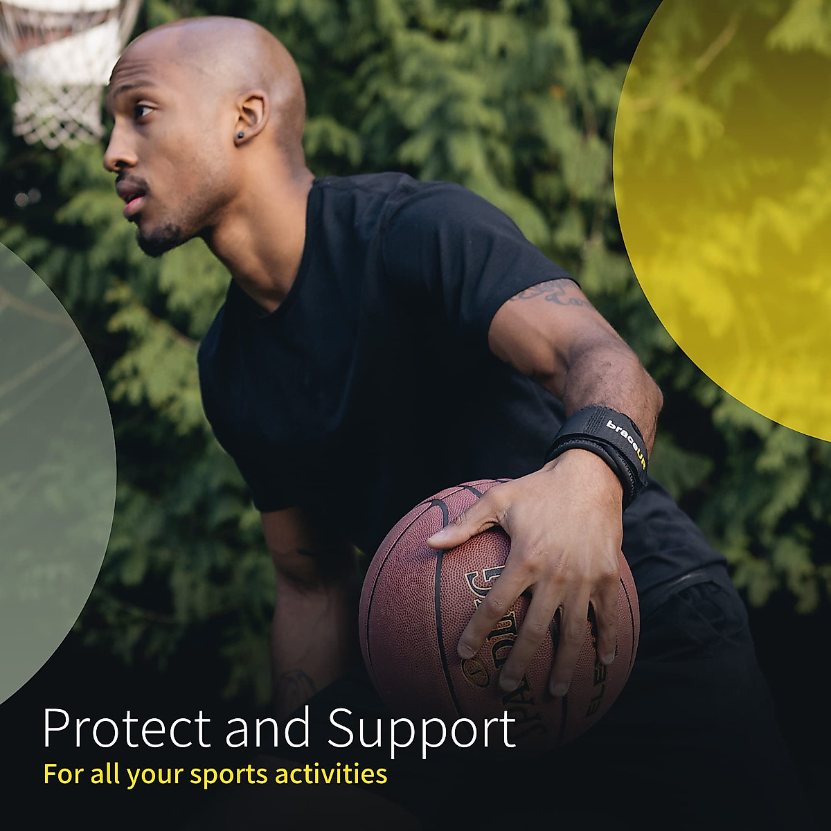 BraceUP Wrist Compression Strap and Wrist Wrap Wrist Band, Brace for Tendonitis, Tennis, Gym, Workout, One Size Adjustable (Black), 1 PC