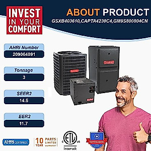 Goodman 3 Ton 14.5 SEER2 Single Stage Air Conditioner GSXB403610 and 80,000 BTU 92% AFUE Multi-Speed Gas Furnace GM9S920804CN Upflow System with CAPTA4230C4