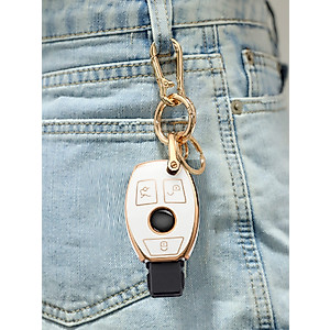 LEERLY Key Fob Cover for Mercedes Benz Accessories, Key Case with Key Chain Compatible with C E S M CLS CLK G Class Smart Key 3 Buttons white