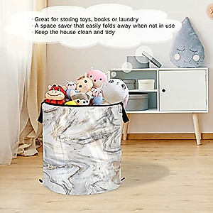 xigua Marble Ink Texture Pop Up Laundry Hamper Bucket Cylindric, Foldable Clothes Bag, Folding Washing Bin,Large Capacity Zipper Lid Laundry Storage Basket