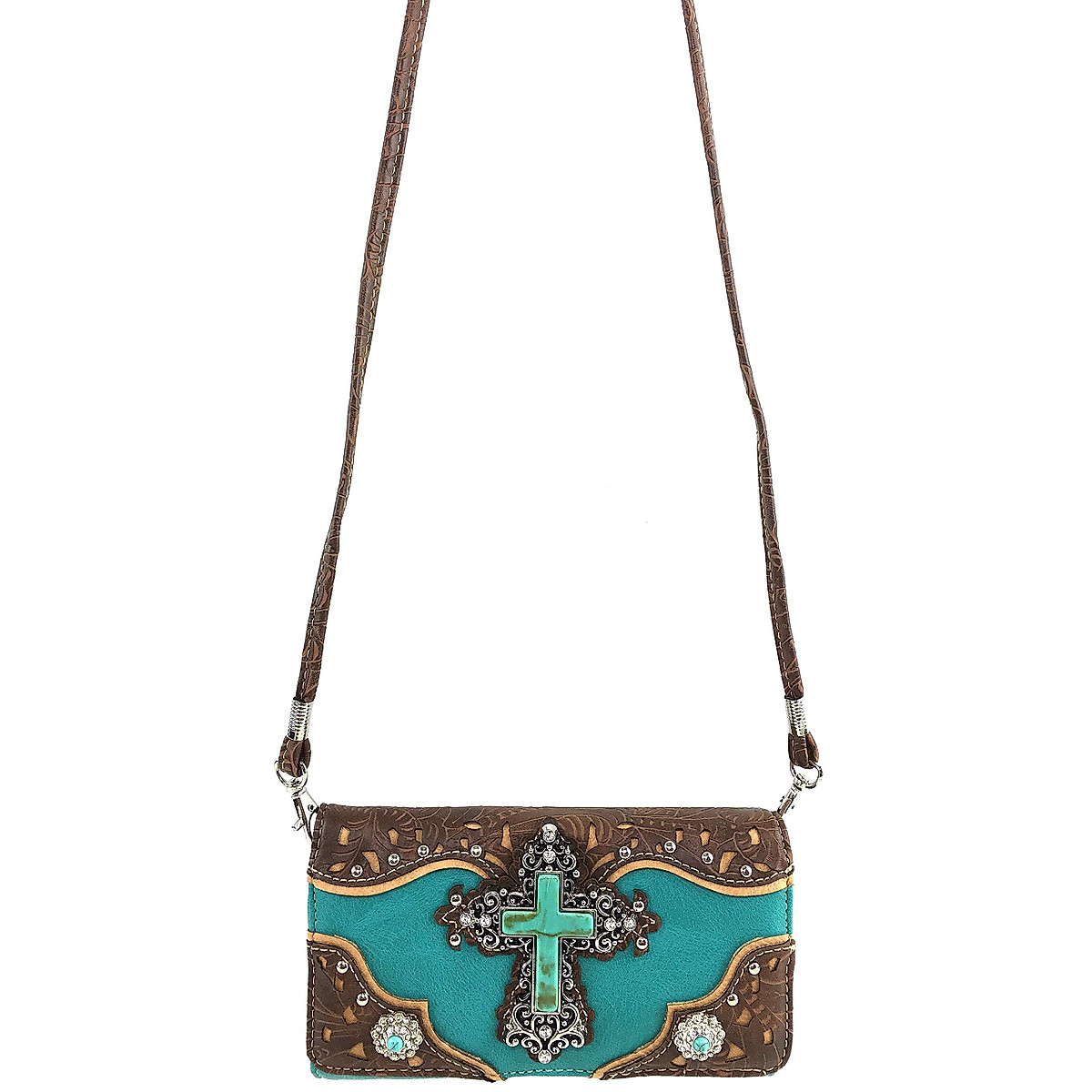 Zelris Turquoise Rhinestone Cross Western Women Crossbody Wrist Trifold Wallet (Turquoise)