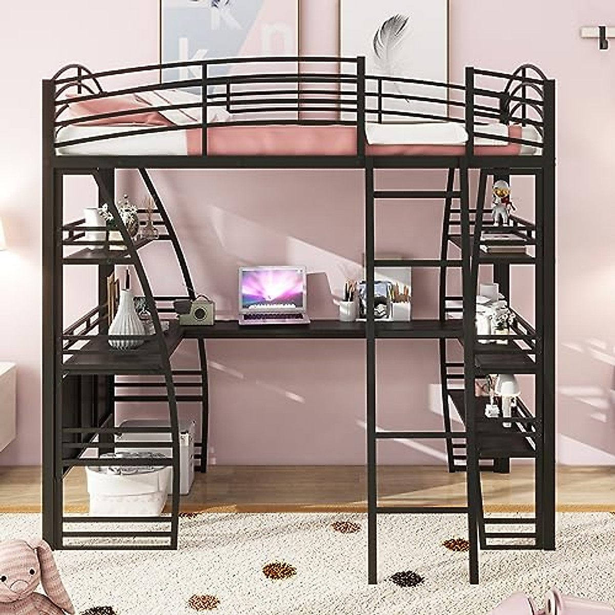 GJHOME Twin Size Loft Bed with 4 Layers of Shelves and L-Shaped Desk, Stylish Metal Frame Bed with a Set of Sockets, USB Ports and Wireless Charging, Black