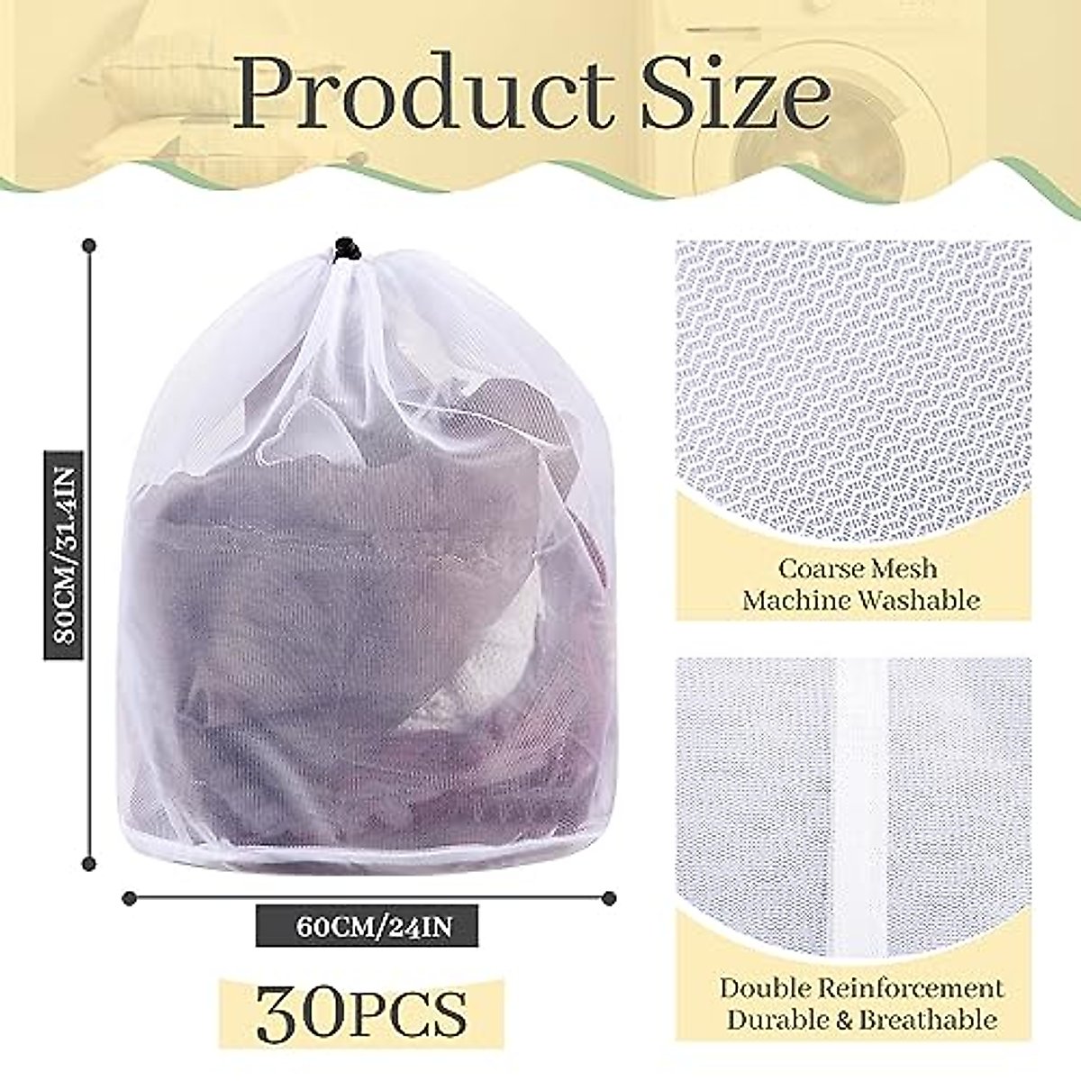 Fine Mesh Laundry Bag with Drawstring White Heavy Duty Mesh Bag Machine Washable Sheet Drawstring Bag Net Wash Bag Laundry Washing Bag for Delicates College Dorm, X-Large (12 Pcs)