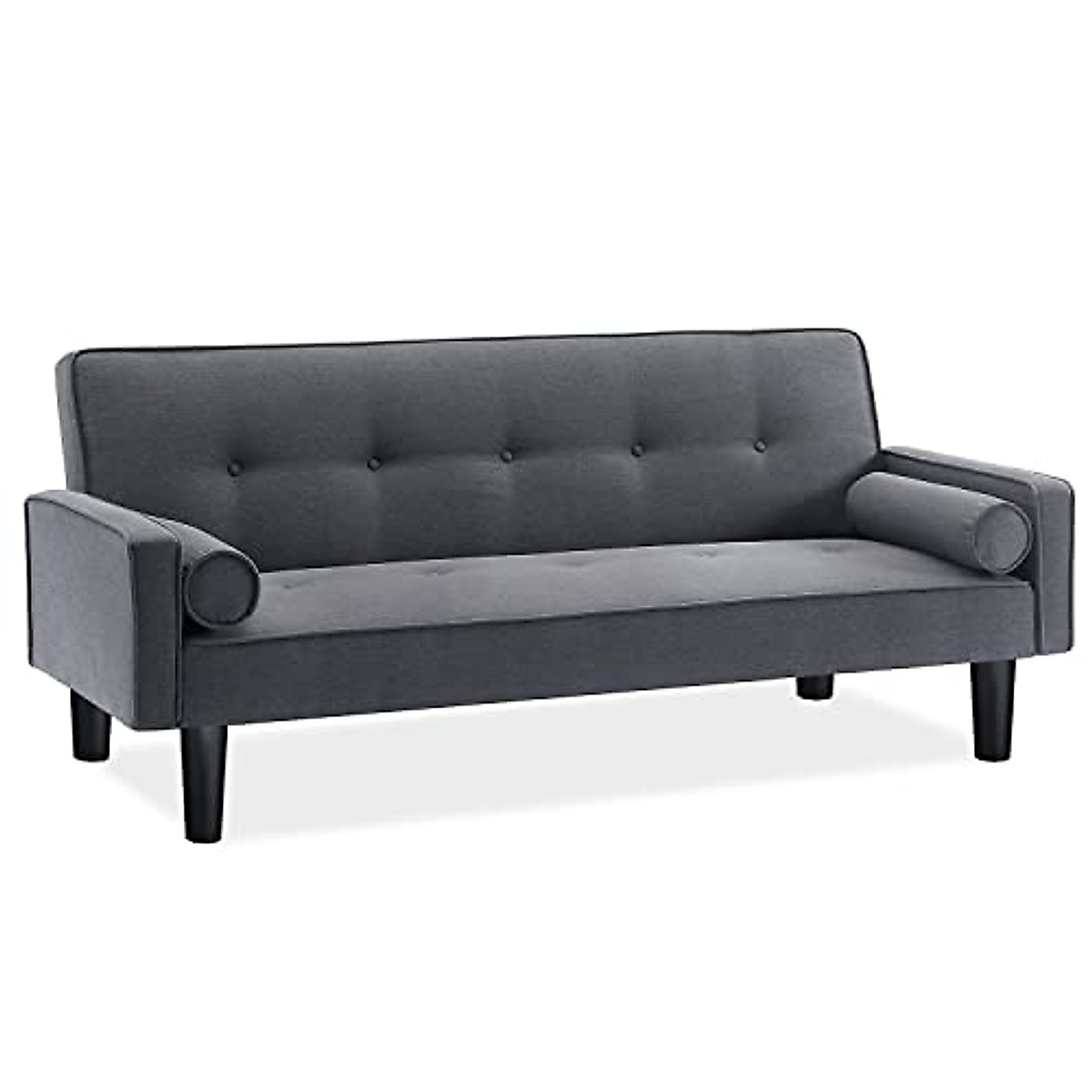 Hooseng Modern Futon Sofa Bed, Upholstered Convertible Folding Sofa Couch with 2 Bolster Pillows, Button Tufted Fabric Couch for Small Spaces, Living Room, Lounge, Apartment, Office, Blue