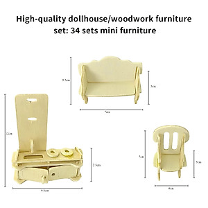 Small Furniture,Dollhouse Furniture and Accessories 34PCS Wooden Dollhouse Furniture Set 3D Puzzle Miniature Puzzle Doll House Furniture Kit Puzzle Gift for Kids Teens and Adults
