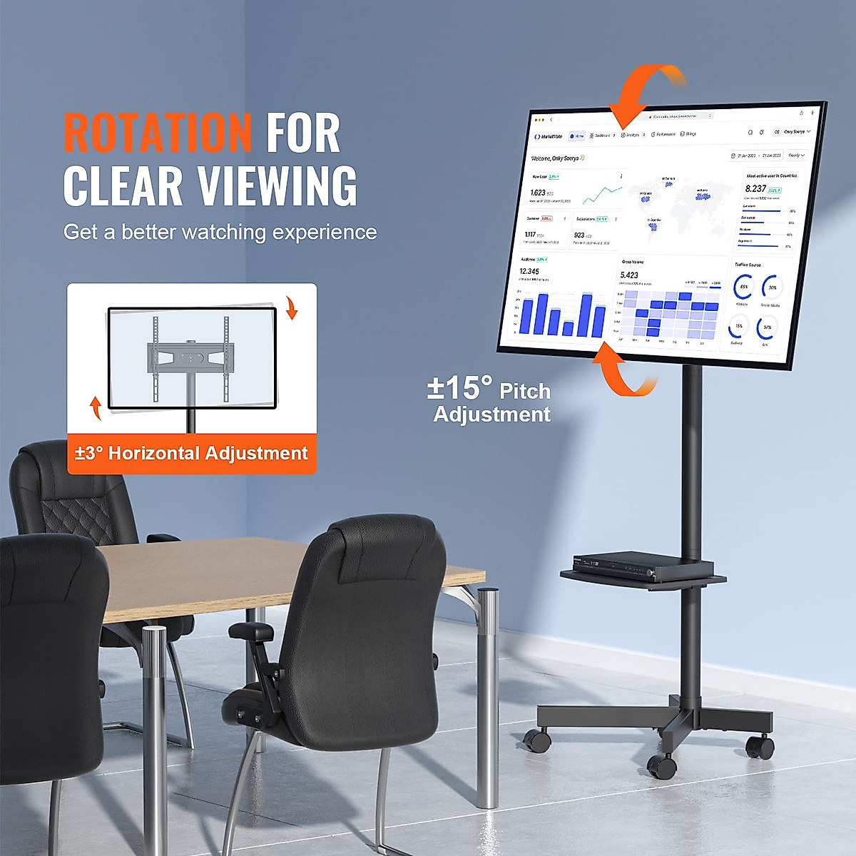 VEVOR Mobile TV Stand for 23-60 inch TVs Screen Holds up to 88lb, Height Adjustable Rolling TV Stand with Locking Wheels and Tray, Max VESA 400x400mm, Movable Floor TV Stand for Bedroom, Living Room