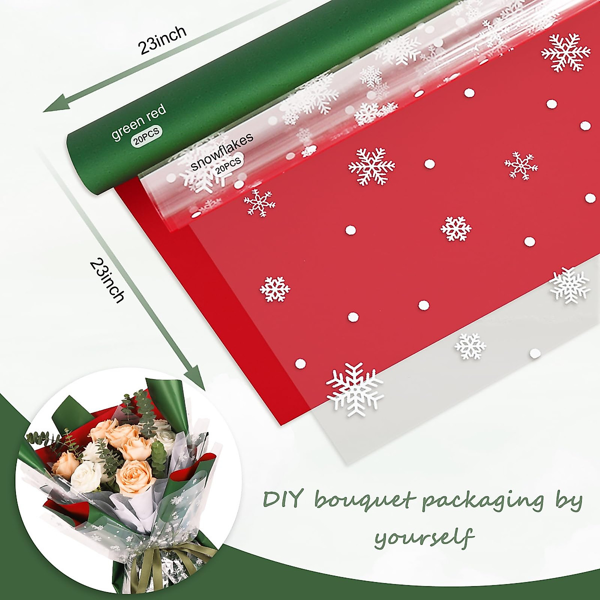 Whaline 40Pcs Christmas Flower Wrapping Papers Double Color Red Green Floral Packaging Papers with Snowflakes Cellophane Florist Bouquet Wrapping Papers, 23 x 23 Inch