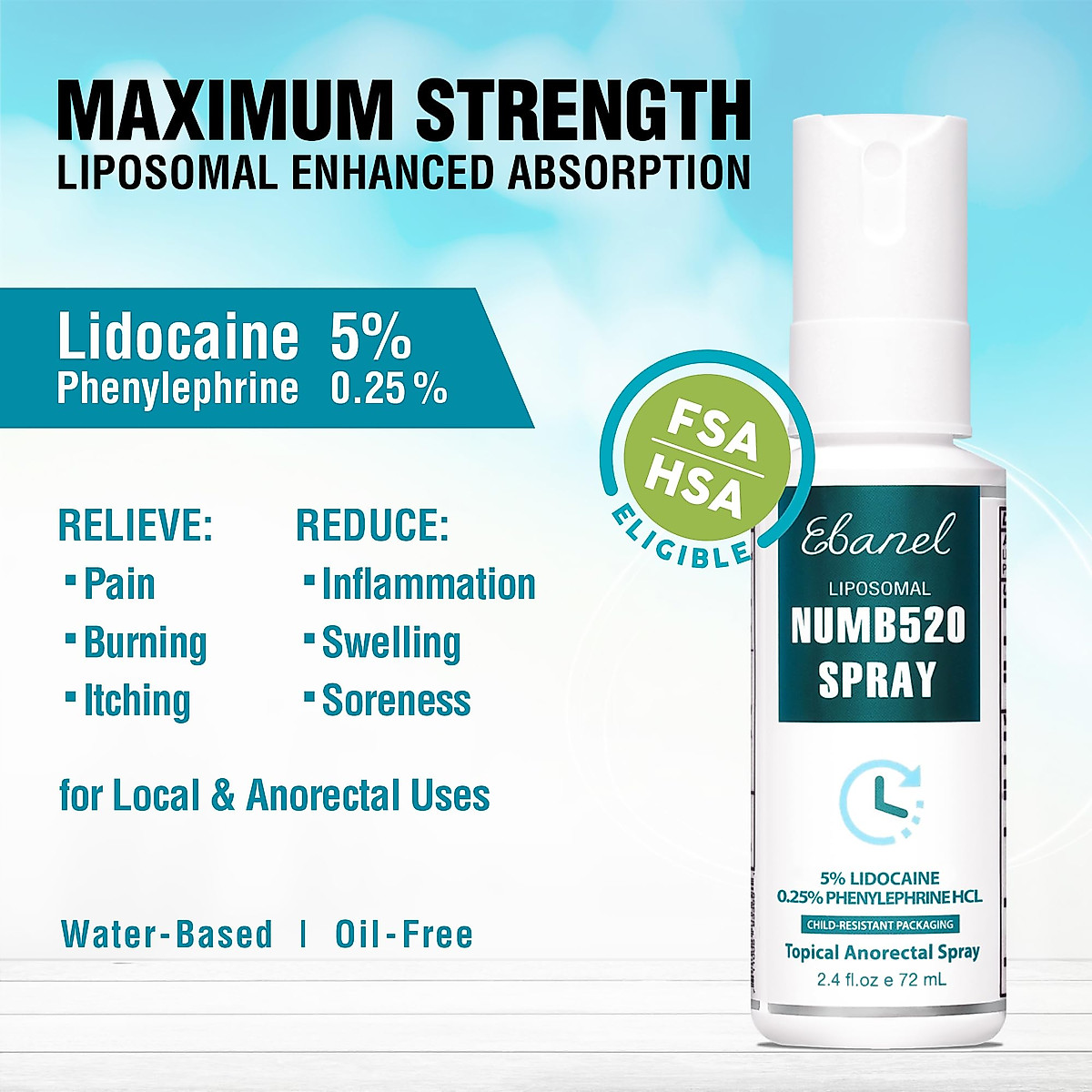 Ebanel 5% Lidocaine Spray Pain Relief Numb520 Burn Itch Relief Numbing Spray for Skin, Topical Anesthetic Postpartum Hemorrhoid Treatment with Phenylephrine for Local and Anorectal Uses