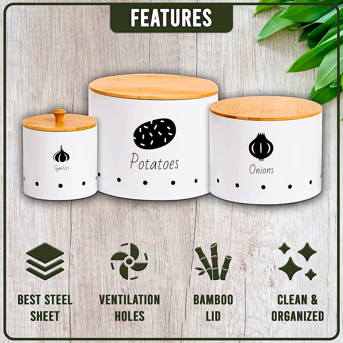 Potato and Onion Storage Bin with Wooden Lid – Set of 3 Garlic, Onion, And Potato Storage for Pantry - Potato Onion Kitchen Storage Canisters – Aerating Tin Storage Holes Keeps Vegetable Fresh