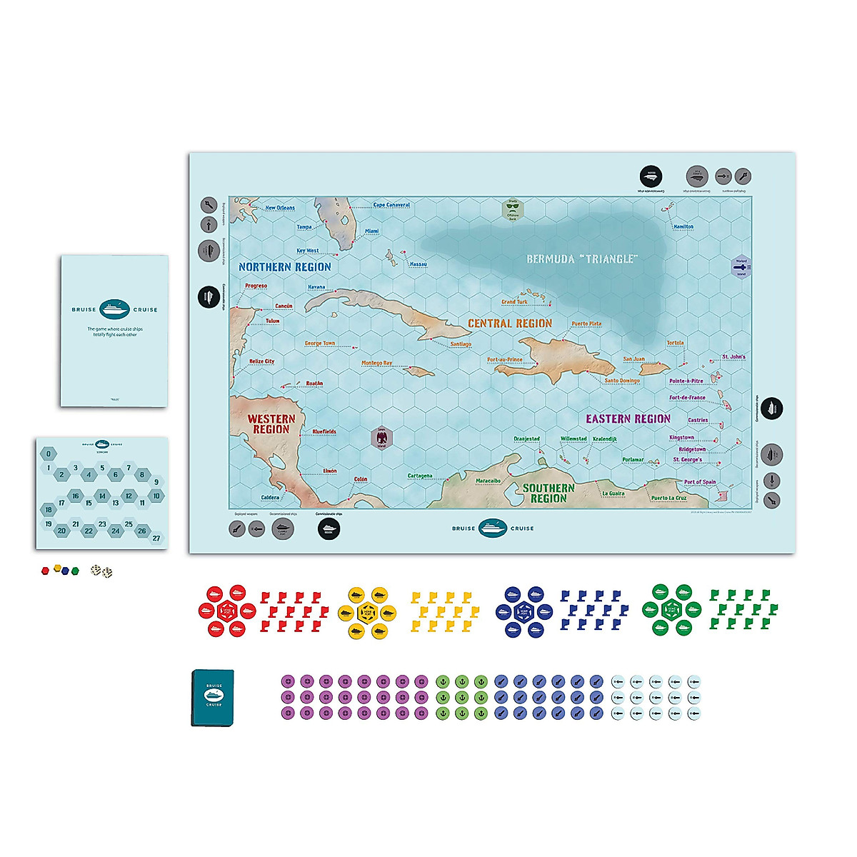 Bruise Cruise: The Board Game. 2-4 Players, a Humorous Strategy Game of Caribbean Cruising and Naval Warfare Set in The Year 2042.