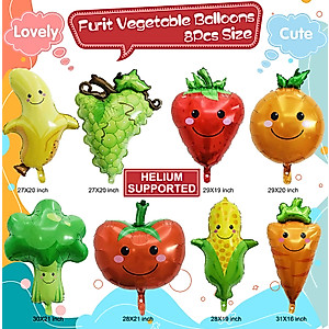 8 Pack Gaint Fruit Vegetable Foil Balloons Cute Helium Mylar Strawberry Grape Banana Orange Corn Carrot Tomato Broccoli Balloons for Theme Birthday Party Decorations Supplies