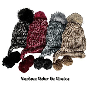 DOCILA Winter Knit Hats for Women Soft Faux Fur Pom Ear Flaps Beanie Warm Travel Ear Covers Peruvian Hat Fleece Liner Sherpa Skii Snow Camping Skully Cap (Black)