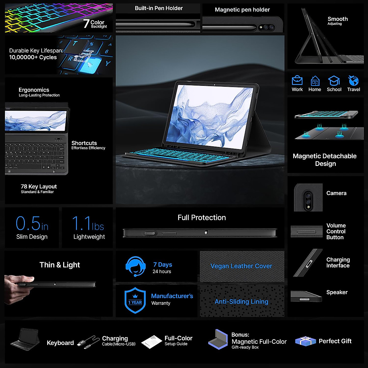 typecase Keyboard Case for Samsung Tab S8/Tab S7 11 inch (SM-X700/X706/T870/T875/T878), Slim Leather Folio Stand Cover, 7 Colors Backlit Wireless Detachable Keyboard with S Pen Holder (Black)