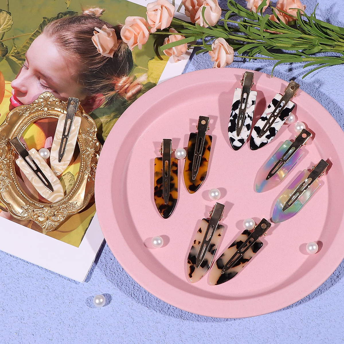 Magicsky 10PCS No Bend Hair Clips for Styling, Acrylic No Crease Curl Small Pin, Bang Barrette Tool for Makeup-Hairstyle Accessories for Women Girls, Leopard White Black