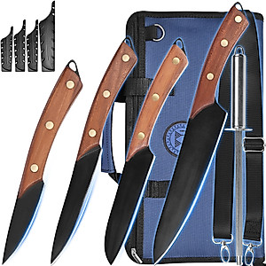 XYJ Portable Chef Knife Set Professional,Cleaver Kitchen Knives,Camping Vegetable Nakiri Knife,Brisket Boning Knives With Blade Guard,Carry Bag Set(6)