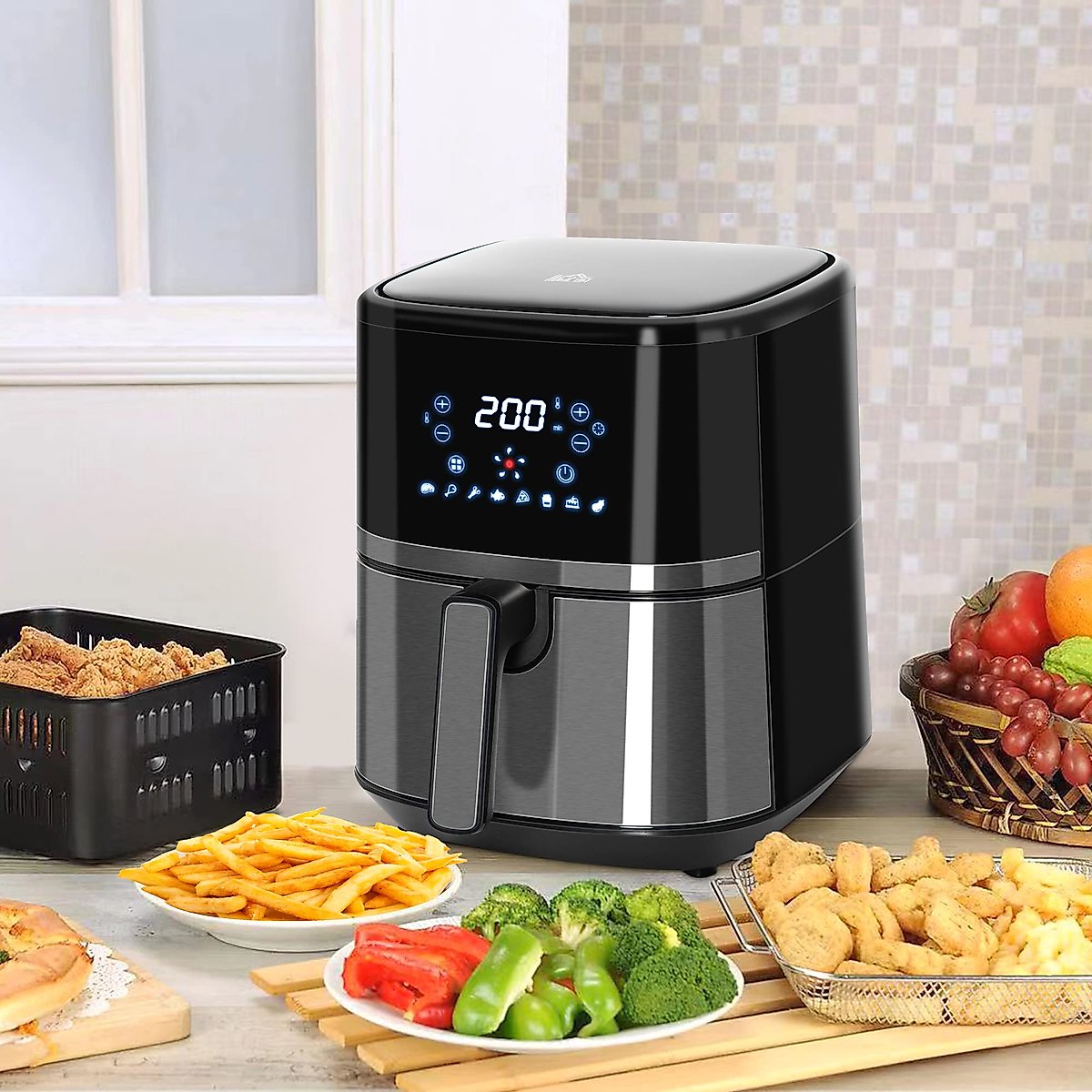 HOMCOM Air Fryer 4.7Qt, 4-in-1 Hot Oven with Air Fry, Roast, Broil, Crisp, Bake Function, Digital Touchscreen, 60-Min Timer, 8 Preset and Nonstick Basket, BPA Free