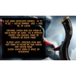 Genuine 12" Ox-Horn Viking Drinking Horn with Horn Stand, Thor Engraved Viking's Drink Cup - Food Safe Medieval Norse Style Horn